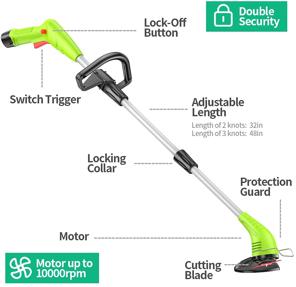 cordless grass trimmer with cutting blade, 12V Li-ion battery
